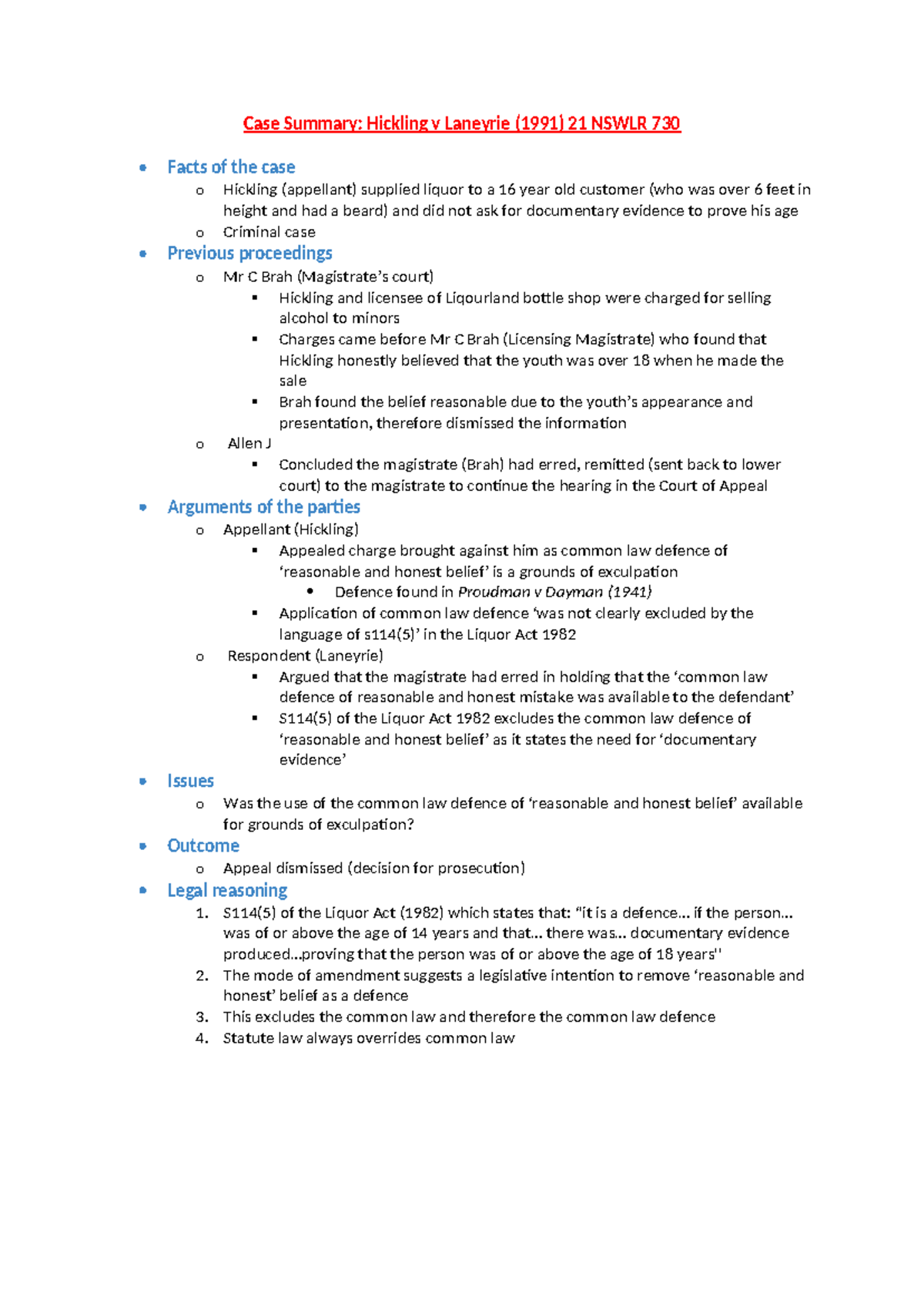 LAWS1052 - Case Summary (Hickling v Laneyrie) - Case Summary: Hickling ...