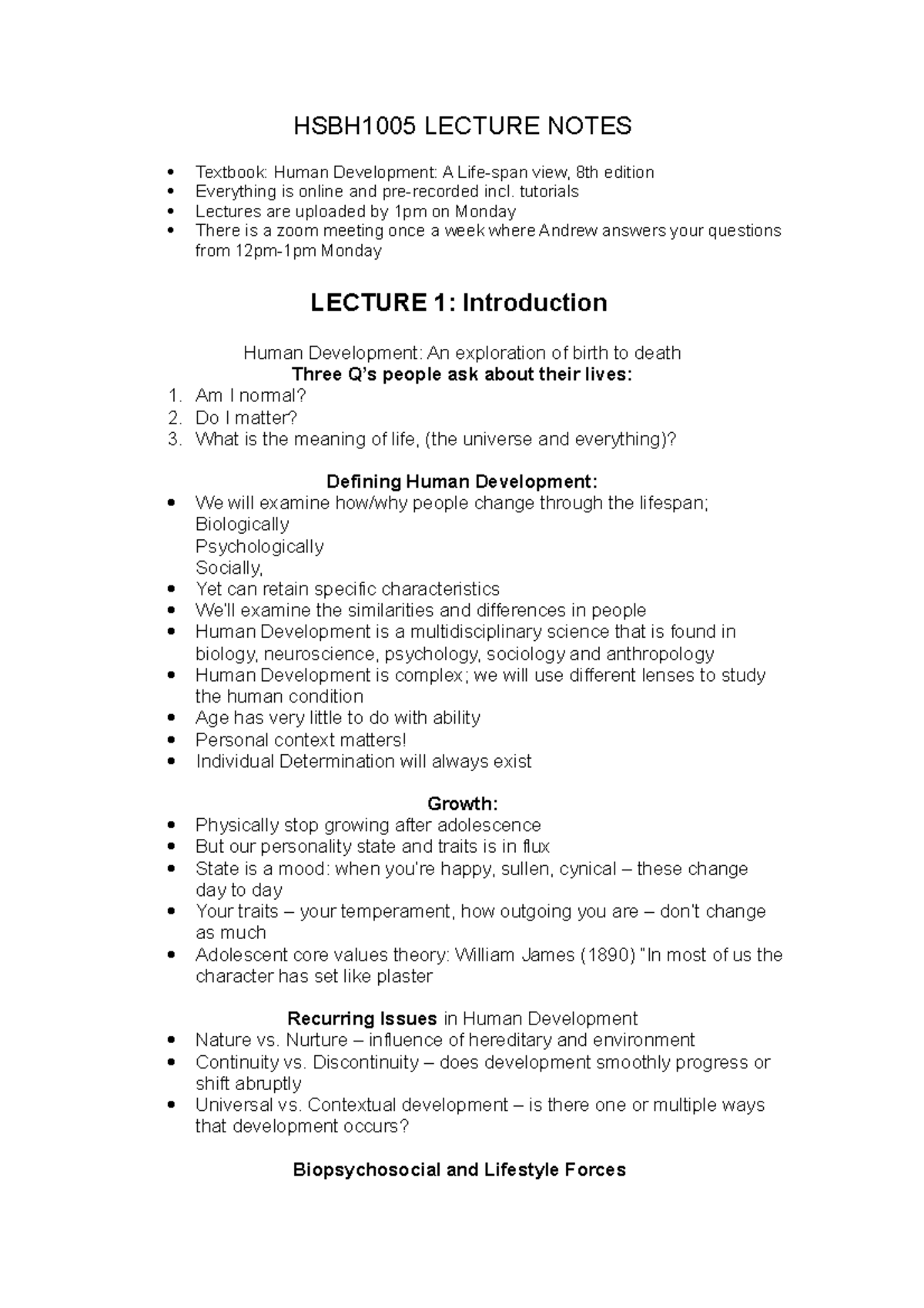 Human Development Lecture Notes - HSBH1005 LECTURE NOTES Textbook ...