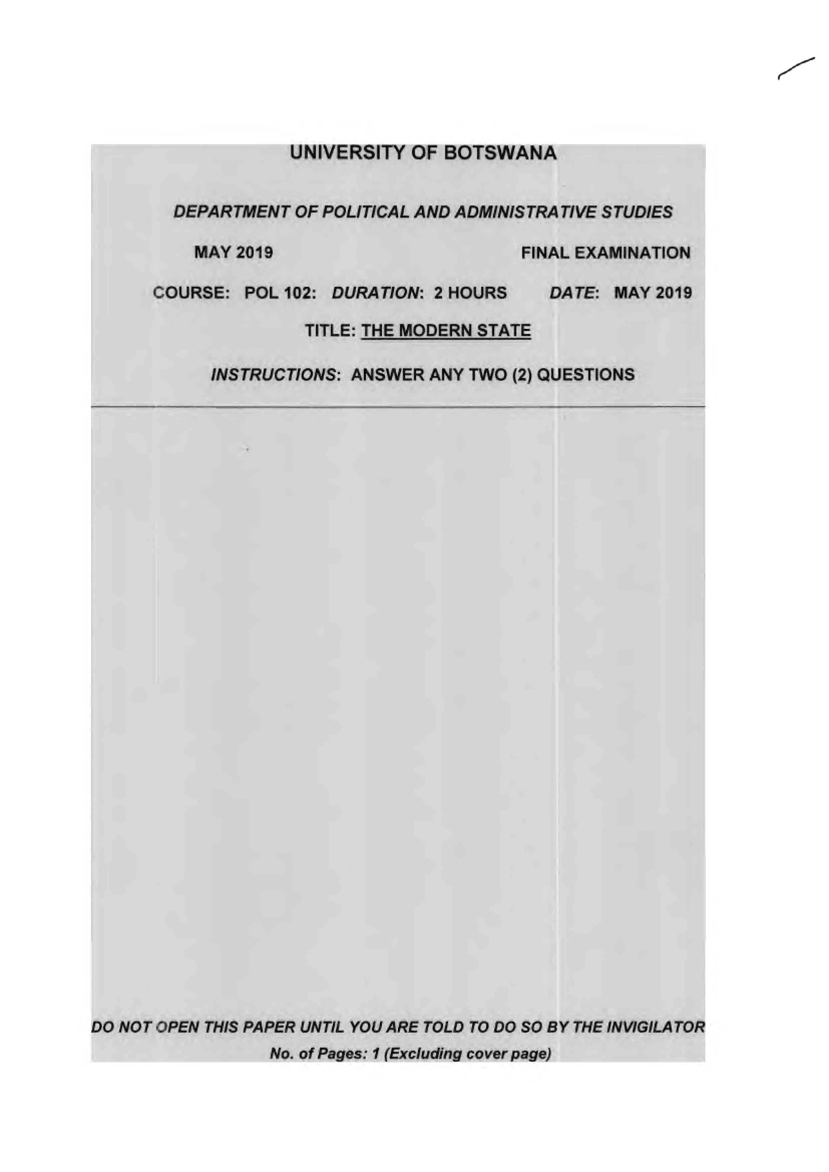 Pol-2019 Exam - 2019 exam paper - UNIVERSITY OF BOTSWANA DEPARTMENT OF ...