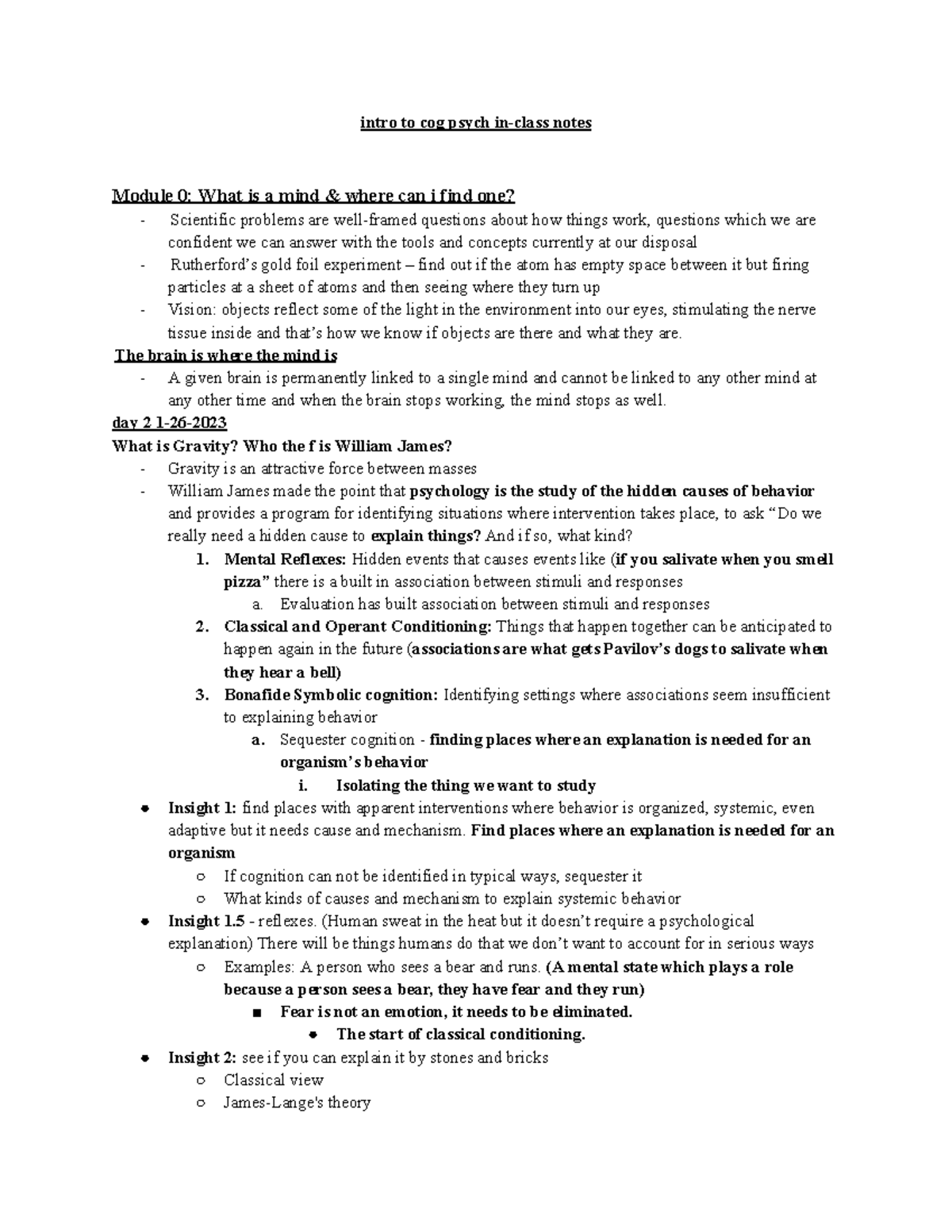 Cog psych in-class notes - intro to cog psych in-class notes Module 0 ...