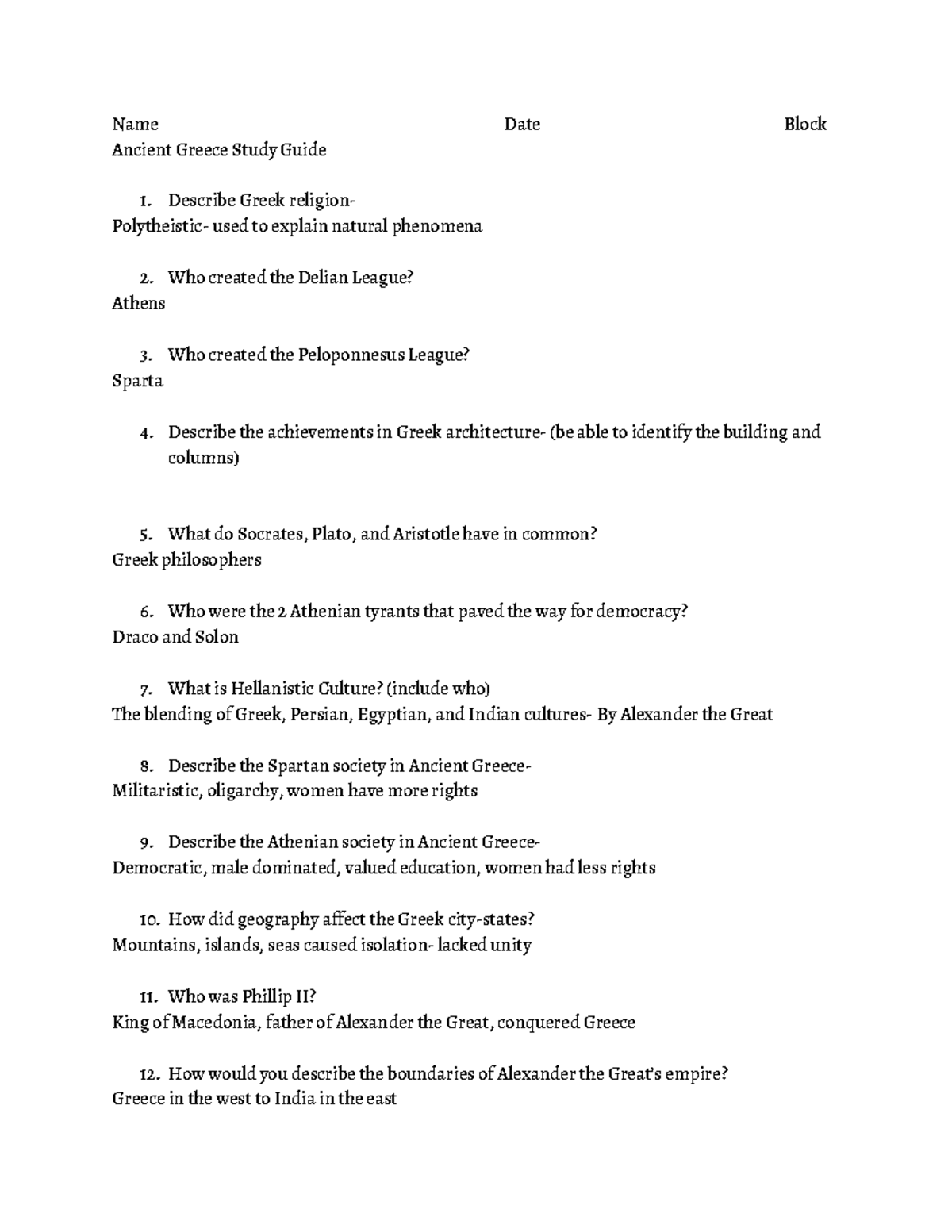 Ancient Greece Study Guide - Name Date Block Ancient Greece Study Guide ...