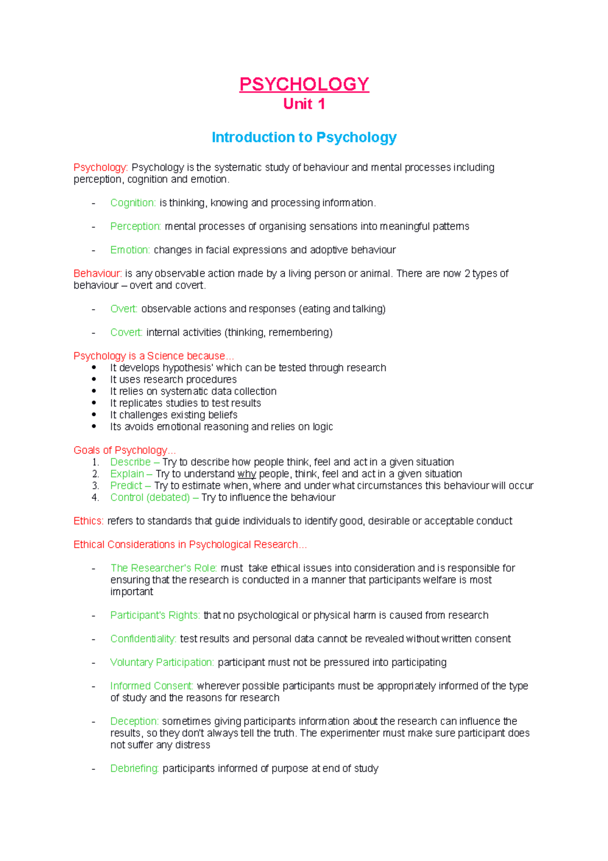 4057Psychology Study - notes - PSYCHOLOGY Unit 1 Introduction to ...