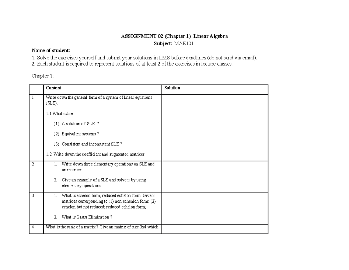 Assignment 2-LA Chapter 1 - ASSIGNMENT 02 (Chapter 1) Linear Algebra ...