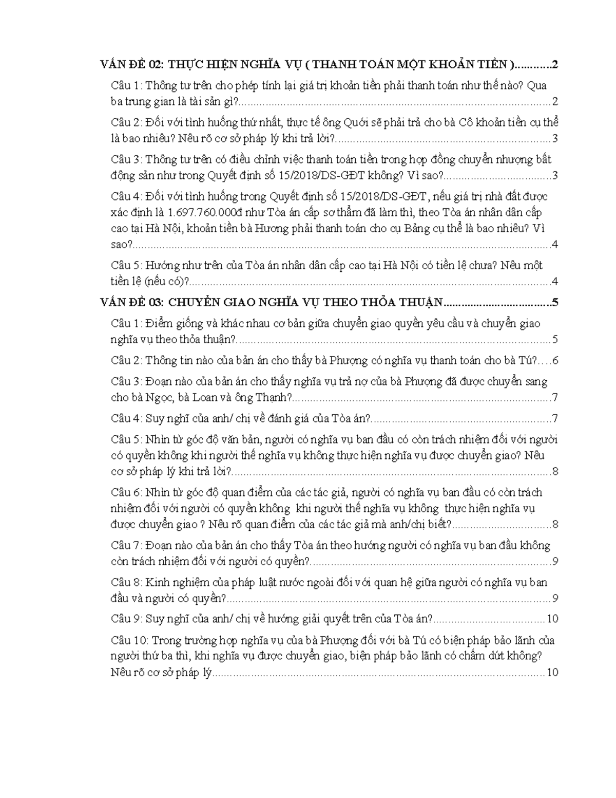 DS2-VD2-3 - VẤN ĐỀ 02: THỰC HIỆN NGHĨA VỤ ( THANH TOÁN MỘT KHOẢN TIỀN )............ 2 Câu 1 ...