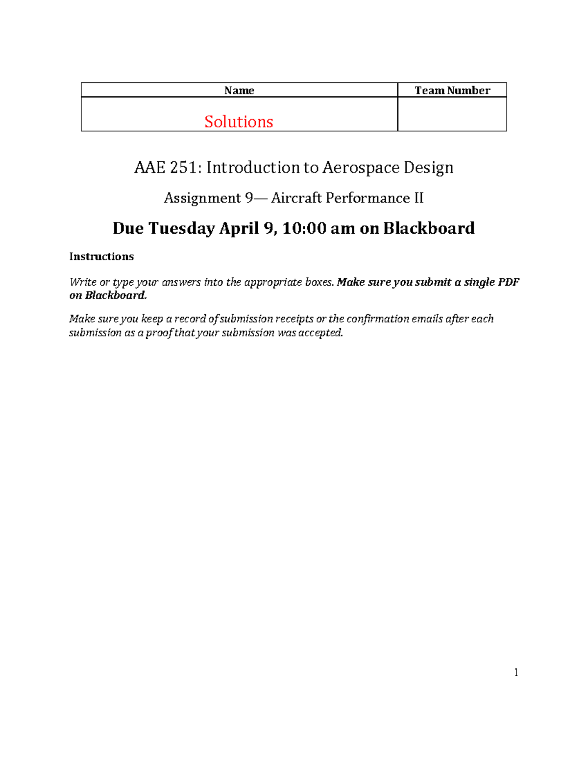 AAE 2019 251 HW9 Aircraft Performance Solutions - Name Team Number ...