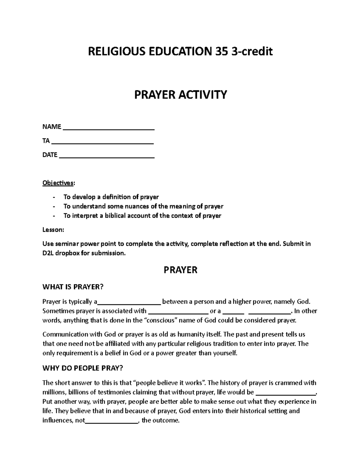 Religion 35 Prayer Assignment 47291 - RELIGIOUS EDUCATION 35 3-credit ...