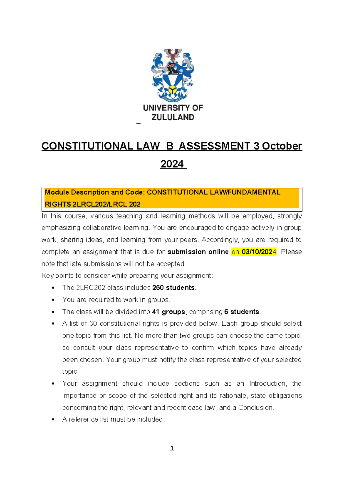 LLB Constitutional LAW B Assignment 3 October 2024 - CONSTITUTIONAL LAW ...