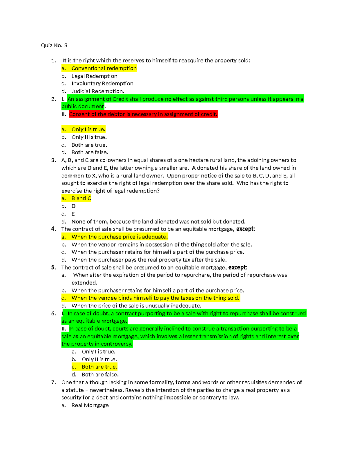 Sales - Quiz No. 3 1. It is the right which the reserves to himself to ...
