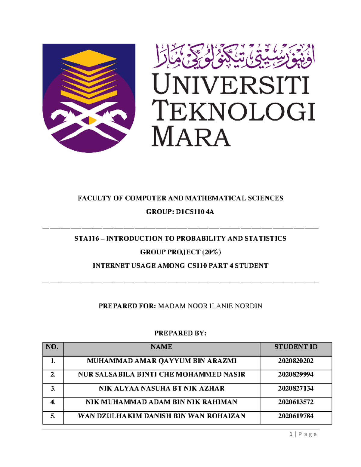 Group Project SAT116 (CS1104A) - FACULTY OF COMPUTER AND MATHEMATICAL SCIENCES GROUP: D1CS110 4A ...