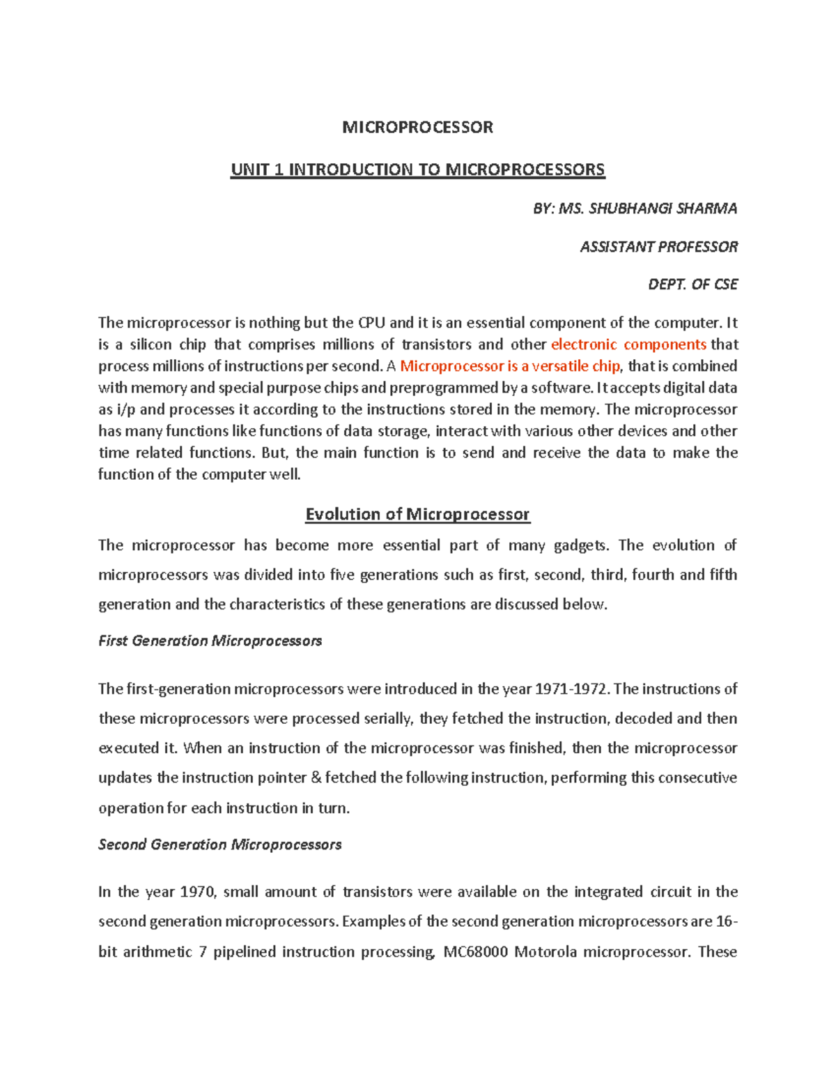 Microprocessors - MICROPROCESSOR UNIT 1 INTRODUCTION TO MICROPROCESSORS BY: MS. SHUBHANGI SHARMA ...