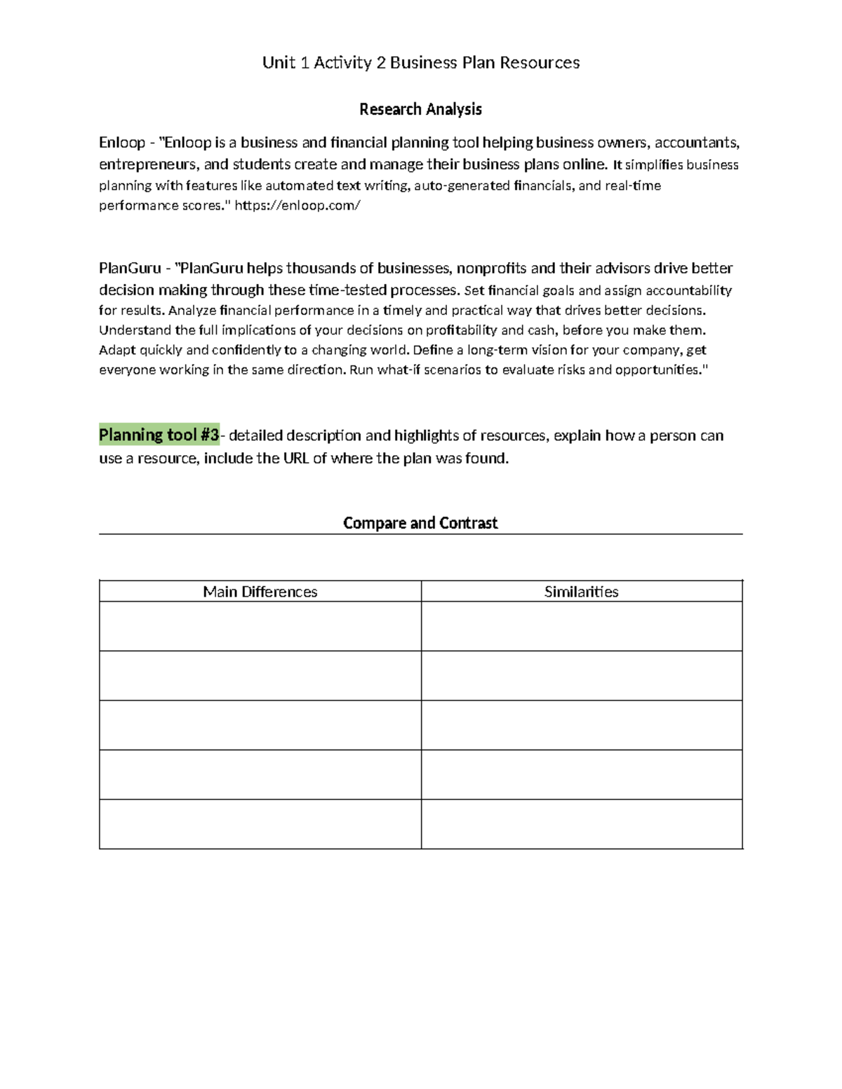 Unit 1 Activity 2 Business Plan Resources Example Outline - Unit 1 ...