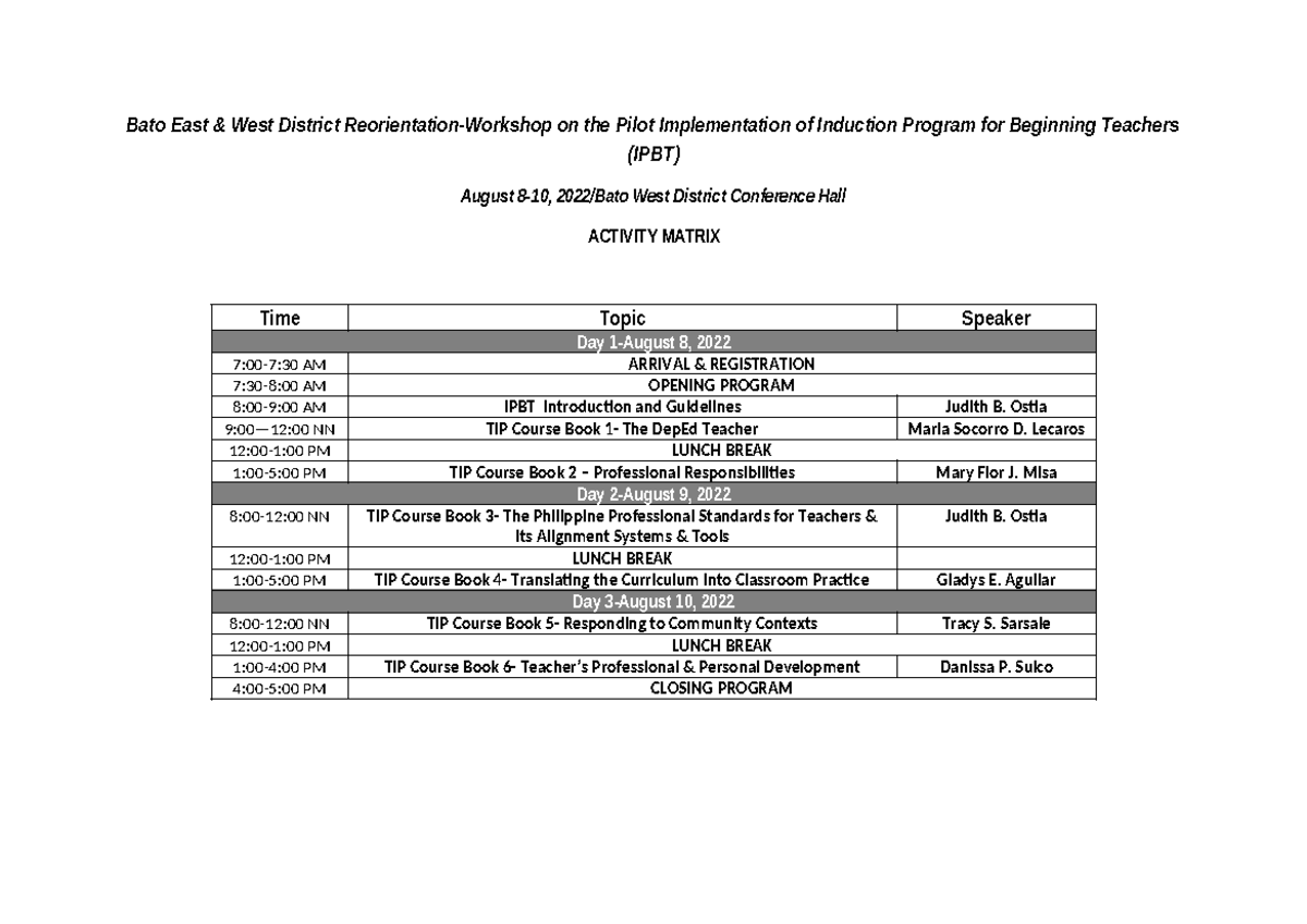 Training Matrix IPBT - Bato East & West District Reorientation-Workshop on the Pilot - Studocu