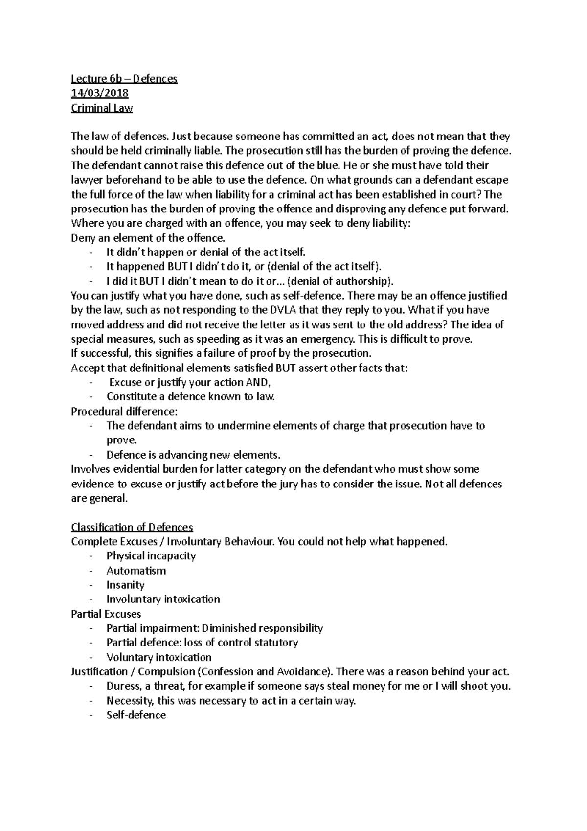 Lecture 6 – Defences - First Class Notes - Lecture 6b – Defences 14/03 ...