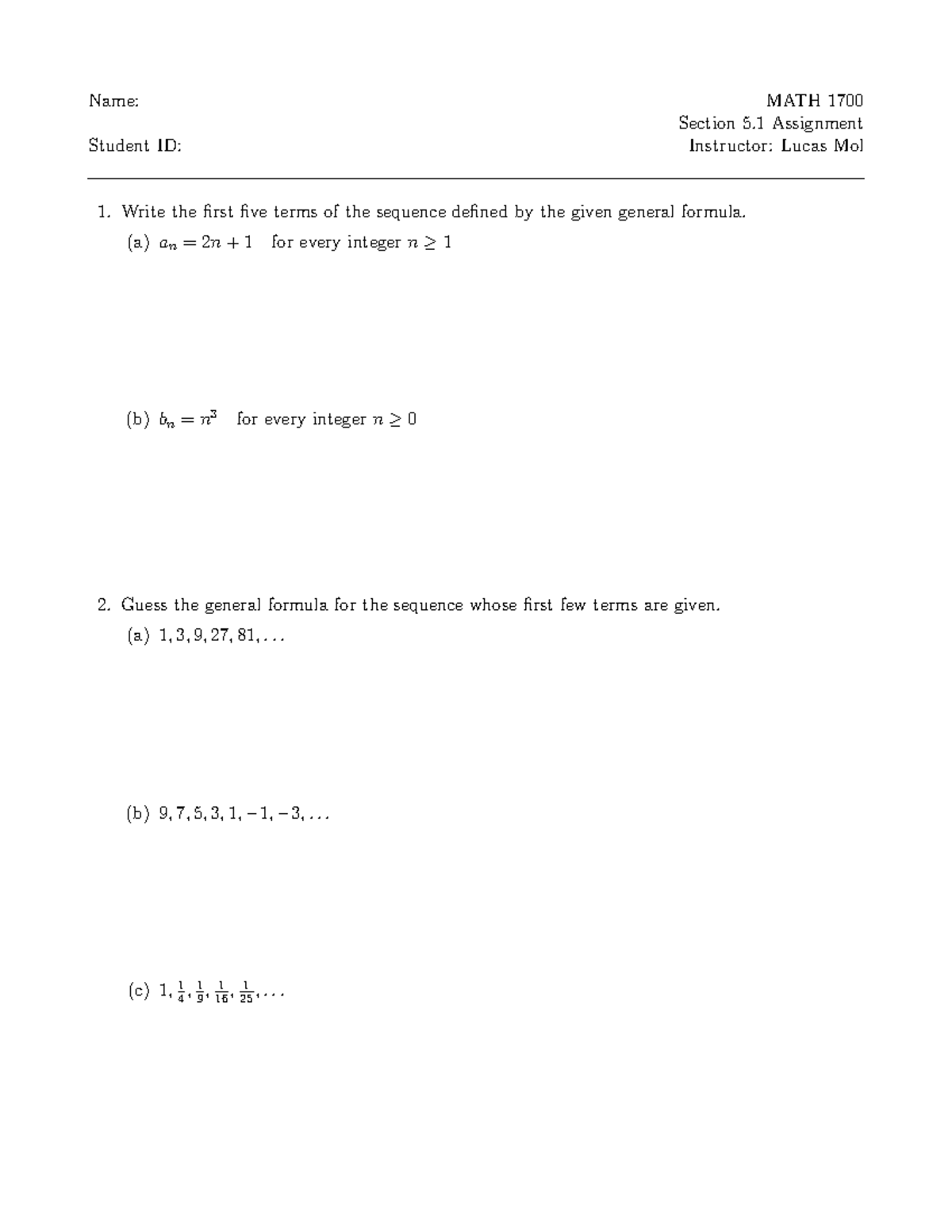 Section 5.1 Assignment - Math 1701 - Name: MATH 1700 Section 5 ...