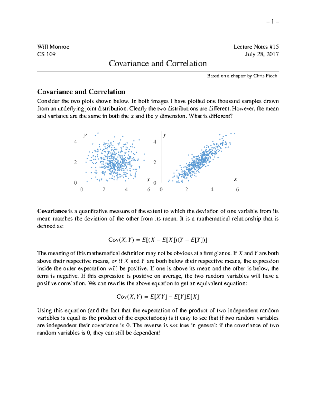 150-covariance - – 1 – Will Monroe CS 109 Lecture Notes # July 28, 2017 ...
