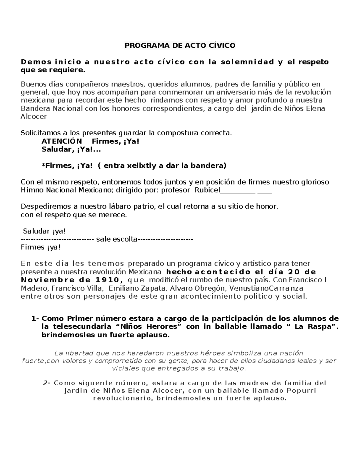 Programa Revolucion Mexicana - PROGRAMA DE ACTO CÍVICO D e m o s i n i c i o a n u e s t r o a c ...