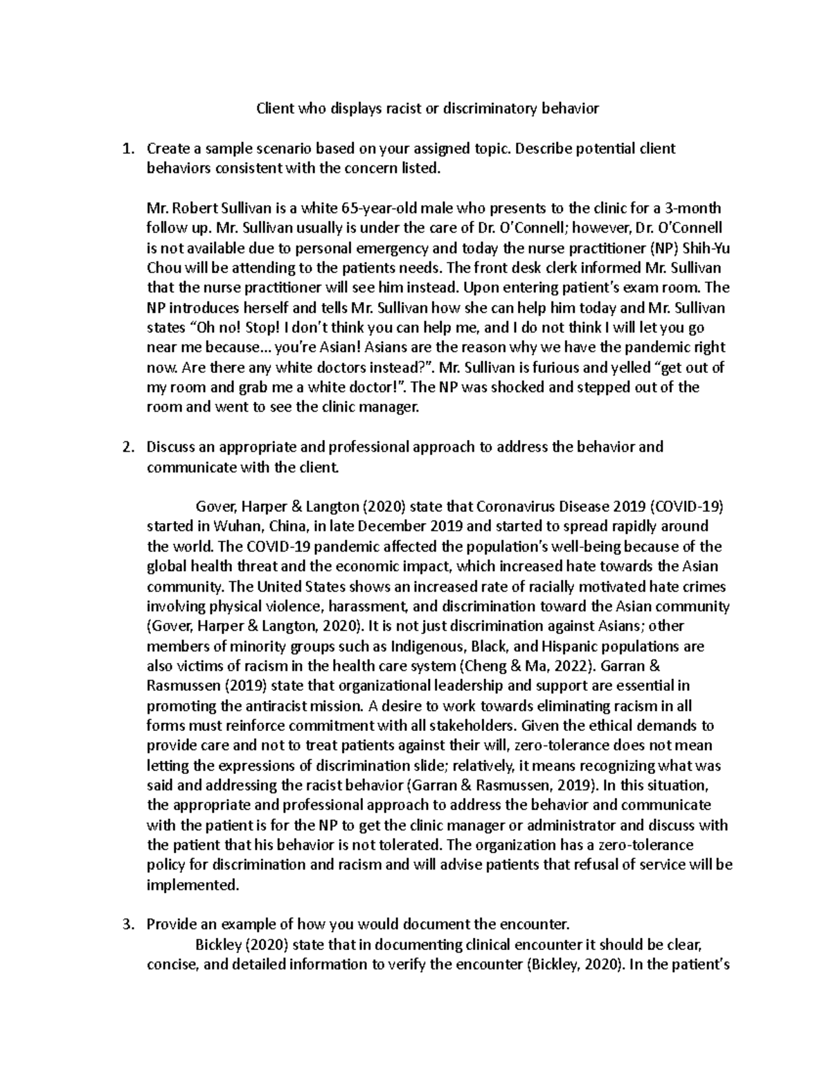 NR509 Week2 discussion - Client who displays racist or discriminatory ...