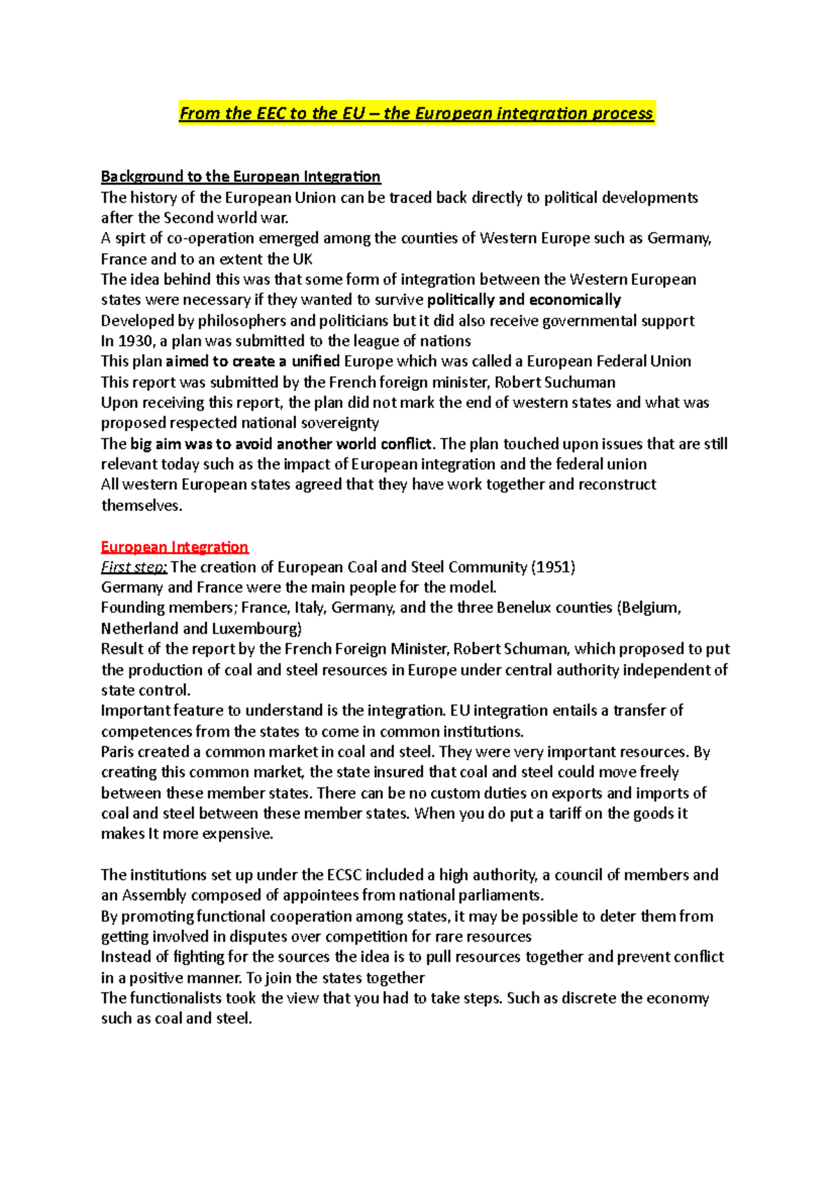 FULL EU EXAM Notes - From the EEC to the EU – the European integration ...