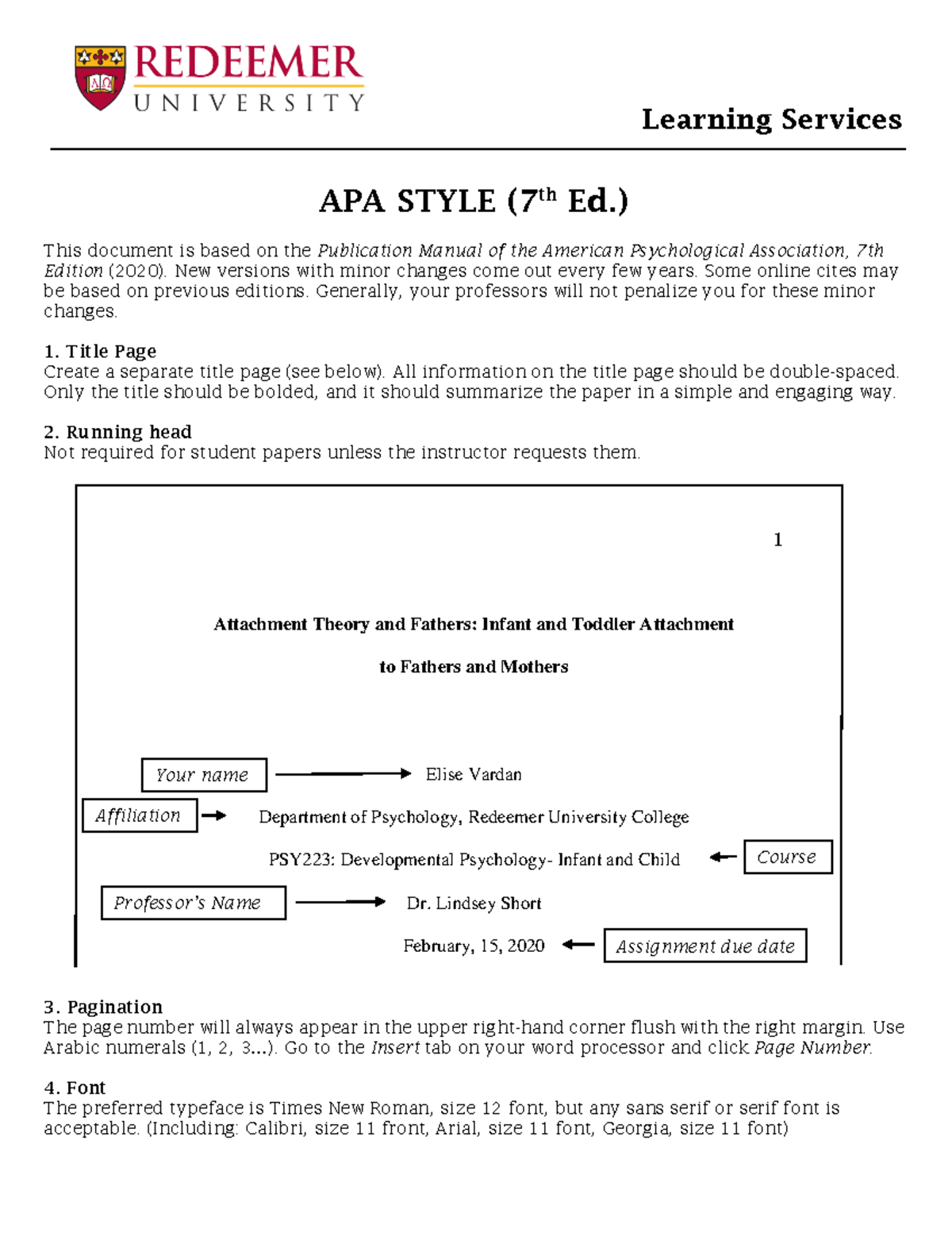 APA (7th ed) Guide - Learning Services APA STYLE ( th Ed.) This ...