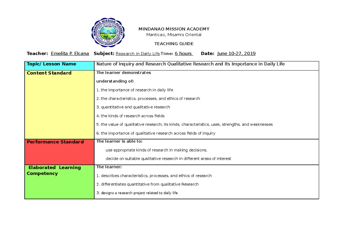 Research in Daily Life Teaching Guide - MINDANAO MISSION ACADEMY ...