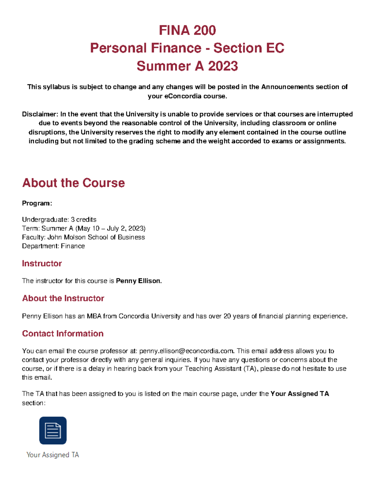 FINA 200 - SYLLABUS - FINA 200 Personal Finance - Section EC Summer A ...