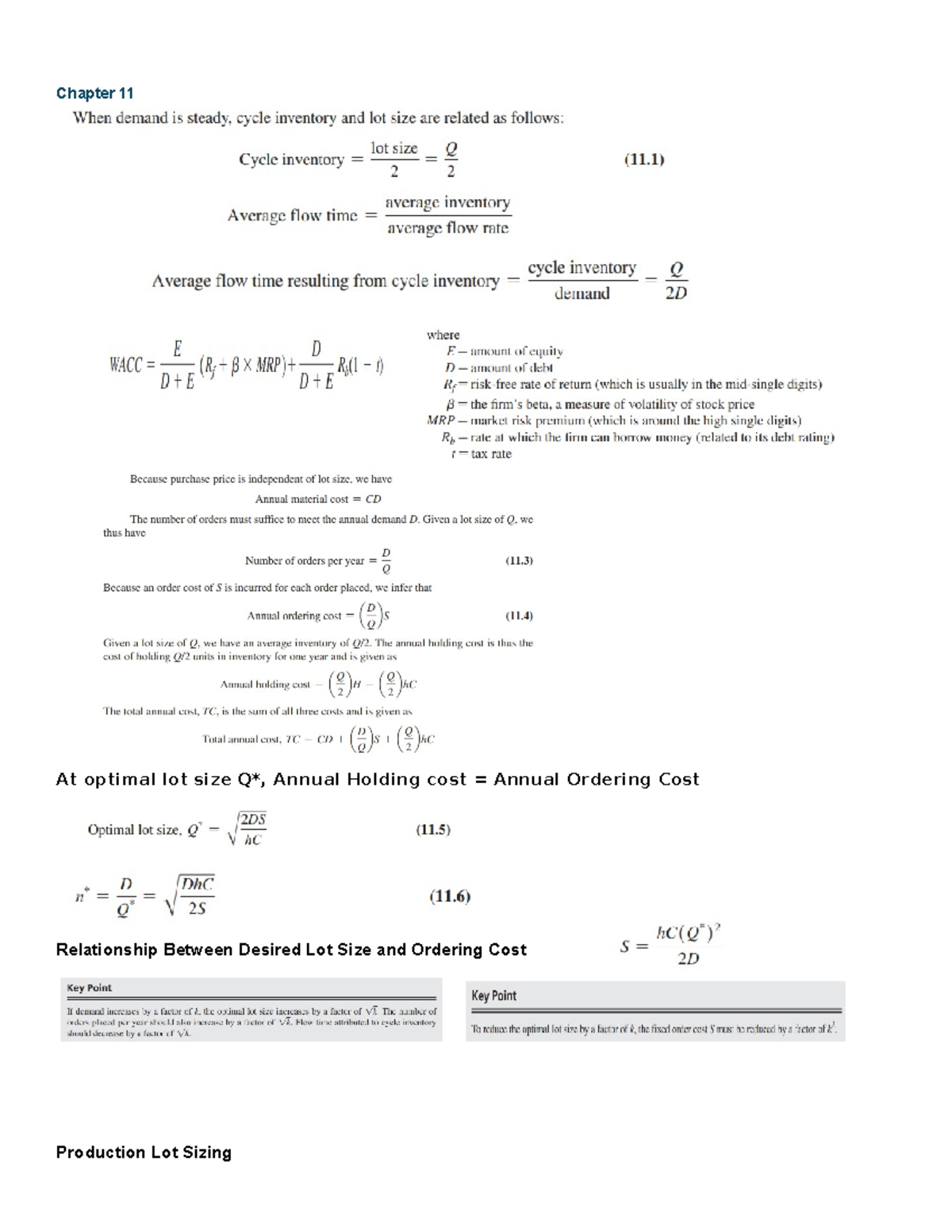 Final EXAM Formula - At optimal lot size Q*, Annual Holding cost ...