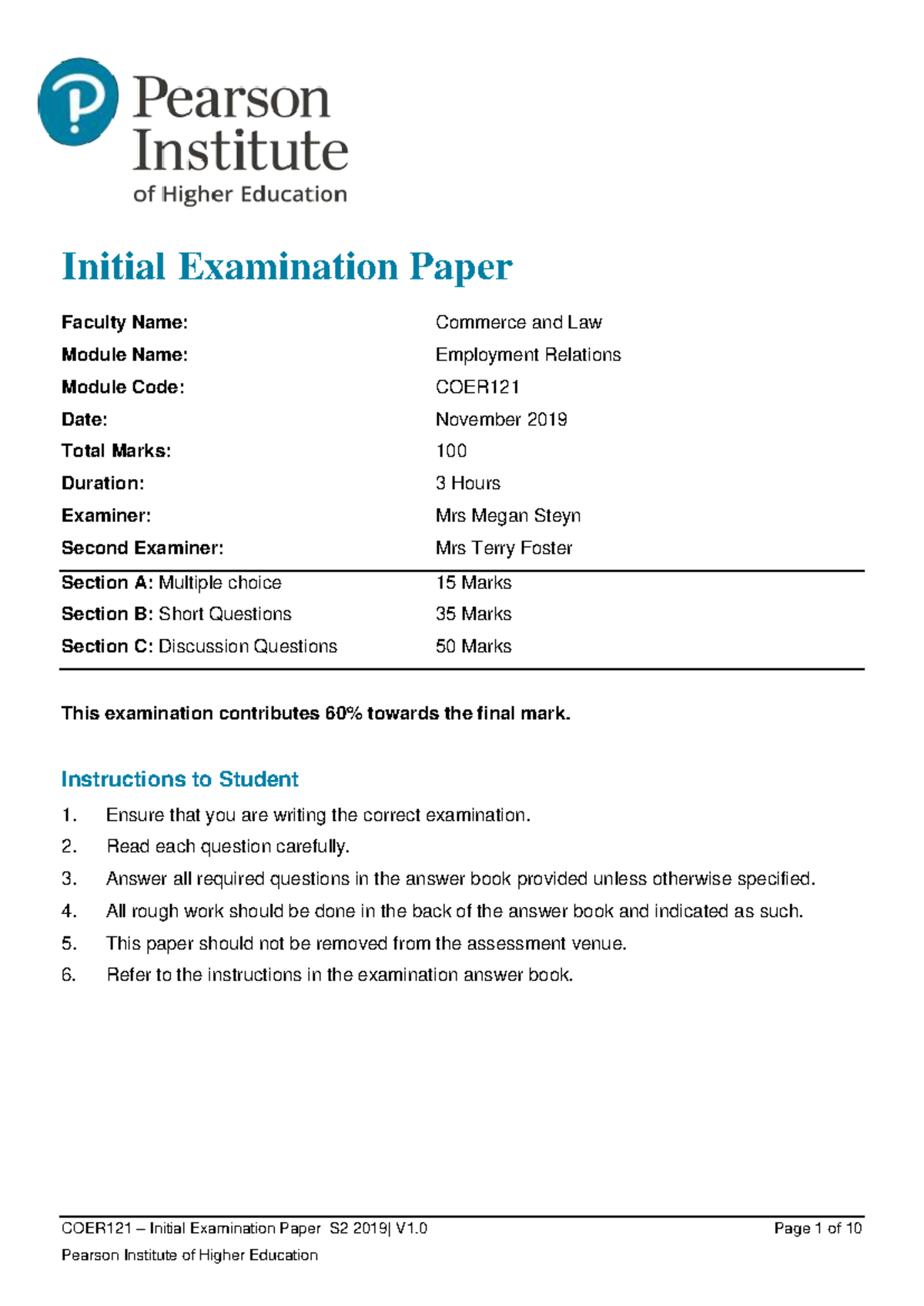 COER121 - Initial Exam - Paper S2 2019 (V1.0) - COER121 – Initial ...