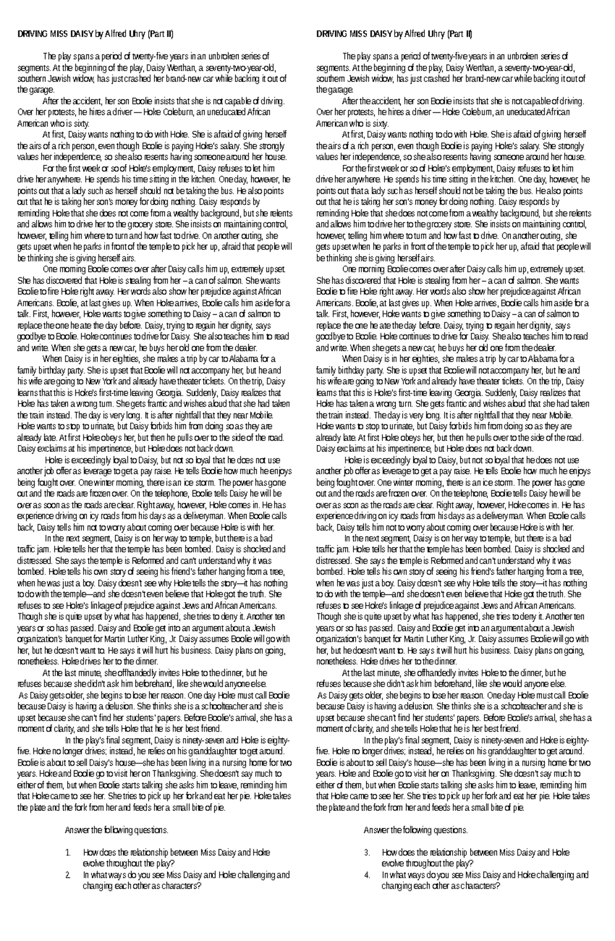 Driving MISS Daisy by Alfred Uhry - DRIVING MISS DAISY by Alfred Uhry ...