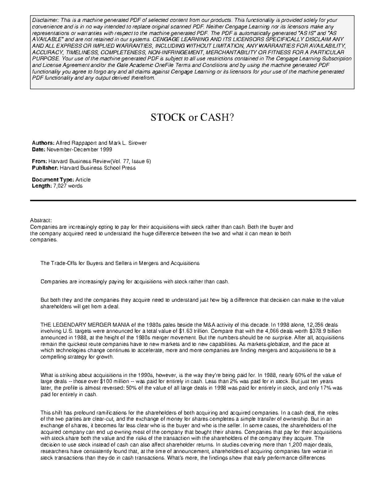 Stock or CASH Case study - complete description of the subject and case ...