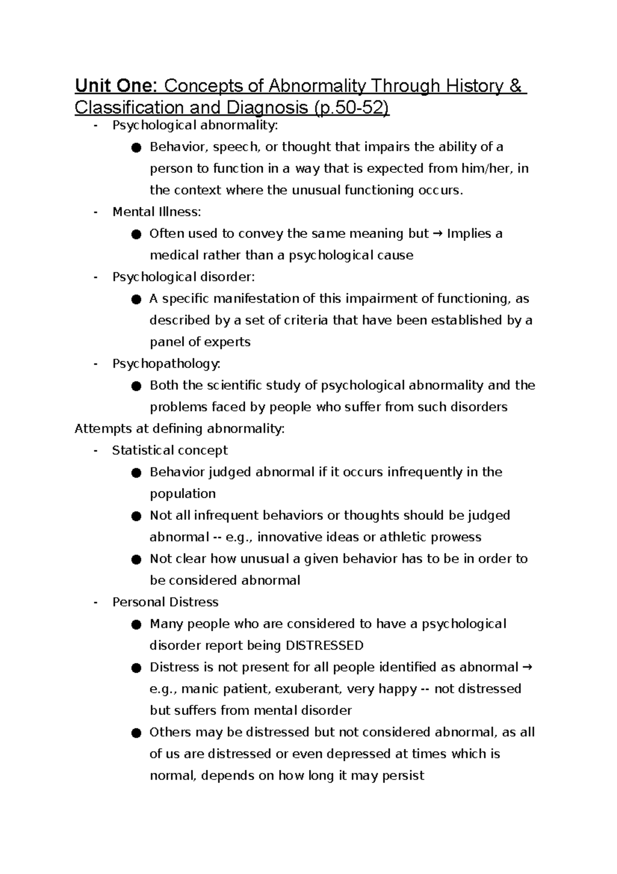 Abnormal Psychology Final Exam Notes - Unit One: Concepts of ...