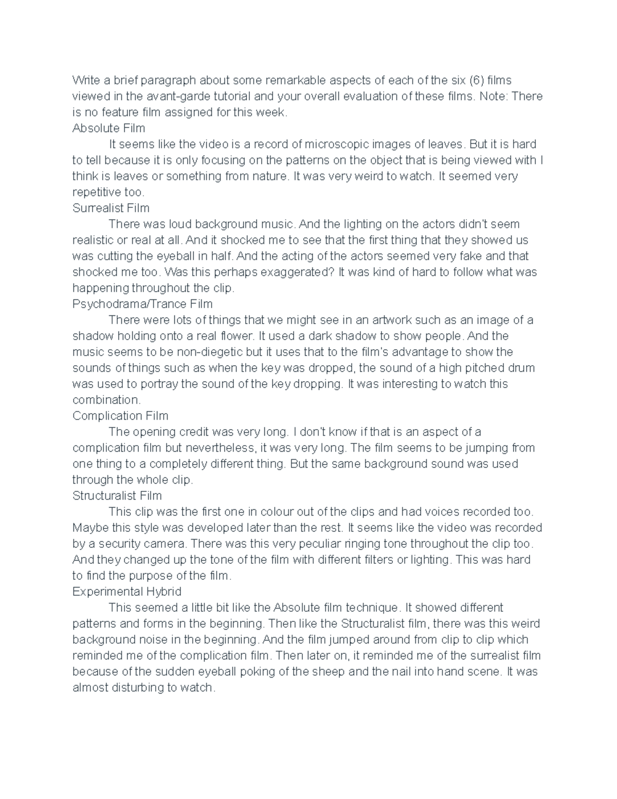 Journal Avant-Garde Films - Write a brief paragraph about some ...