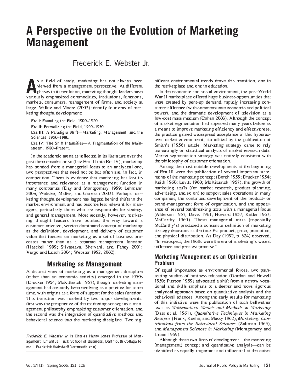 A Perspective on the Evolution of Marketing - Vol. 24 (1) Spring 2005 ...