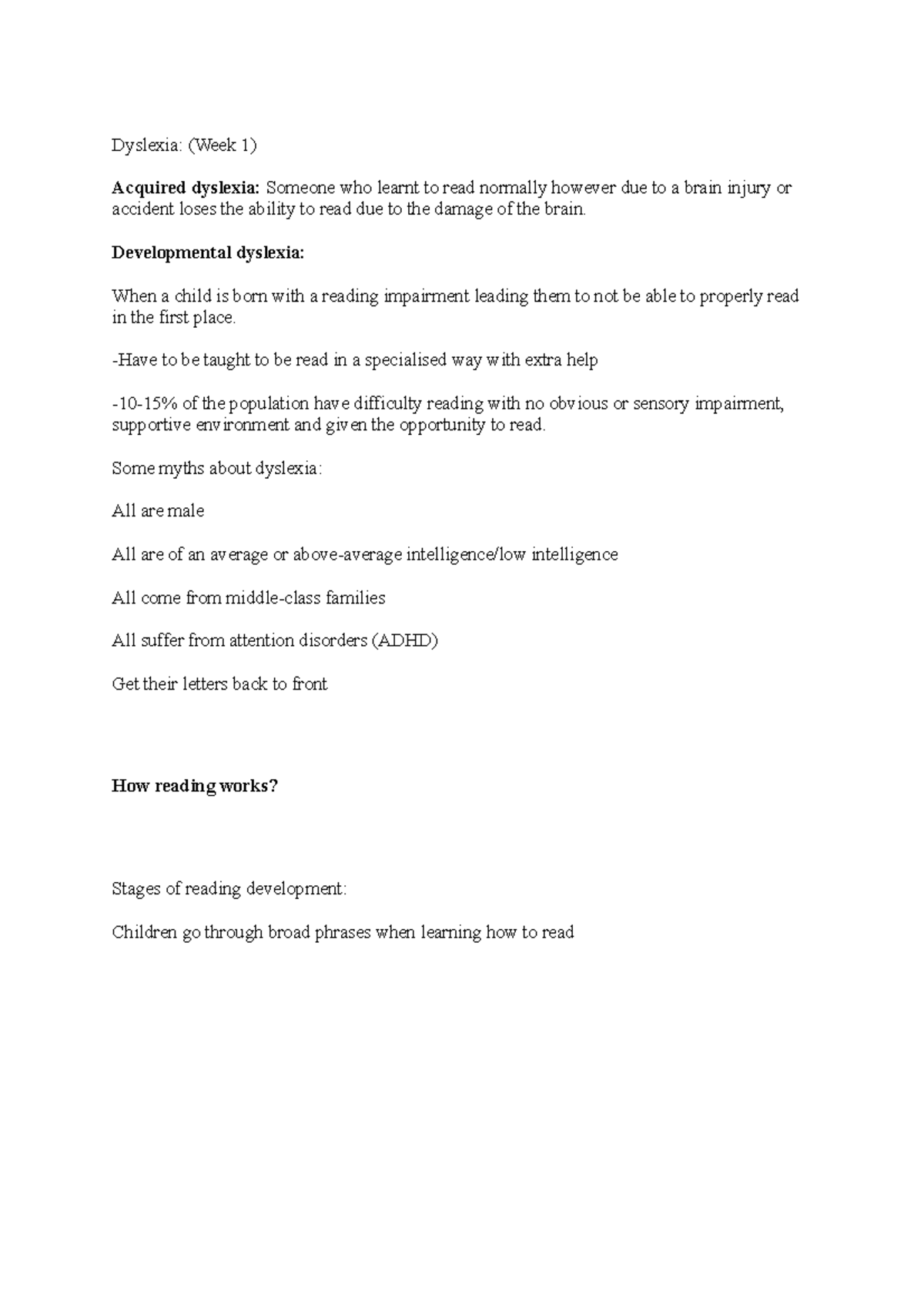 Dyslexia week 1 - Lecture notes 1 - Dyslexia: (Week 1) Acquired ...