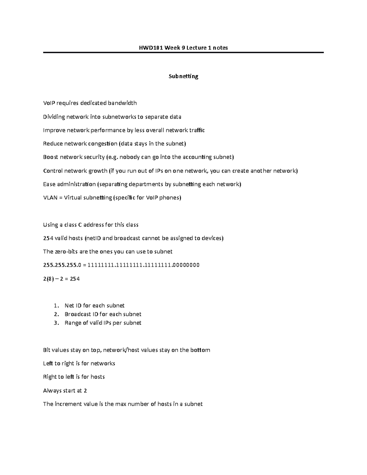 HWD101 Week 9 Lecture 1 - Subnetting & Static Routes - HWD101 Week 9 ...