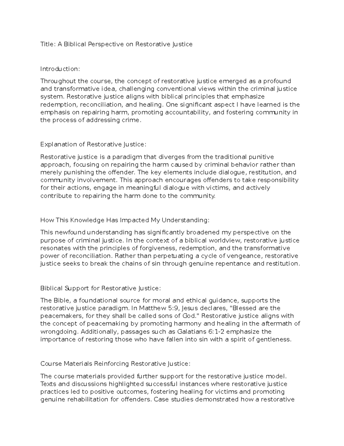 Reflection - essay - Title: A Biblical Perspective on Restorative ...