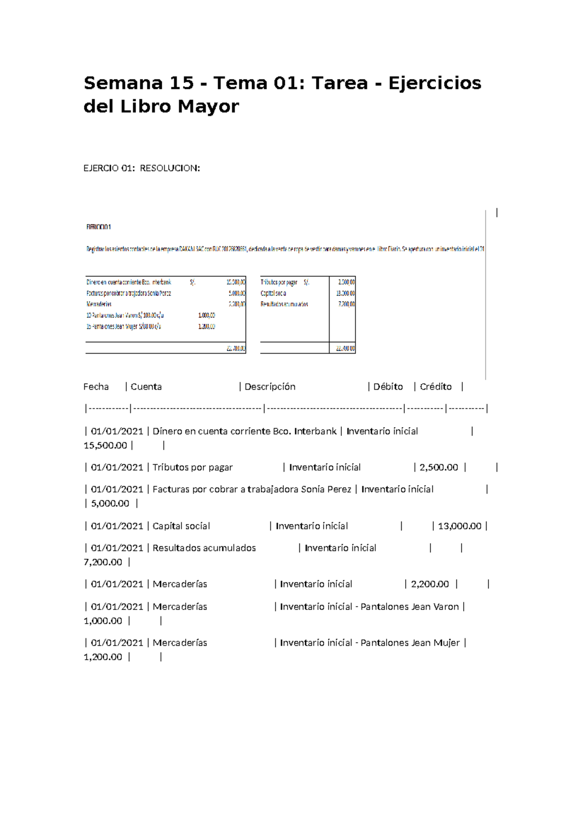 Semana 15 conta ejercio - Semana 15 - Tema 01: Tarea - Ejercicios del Libro Mayor EJERCIO 01 ...
