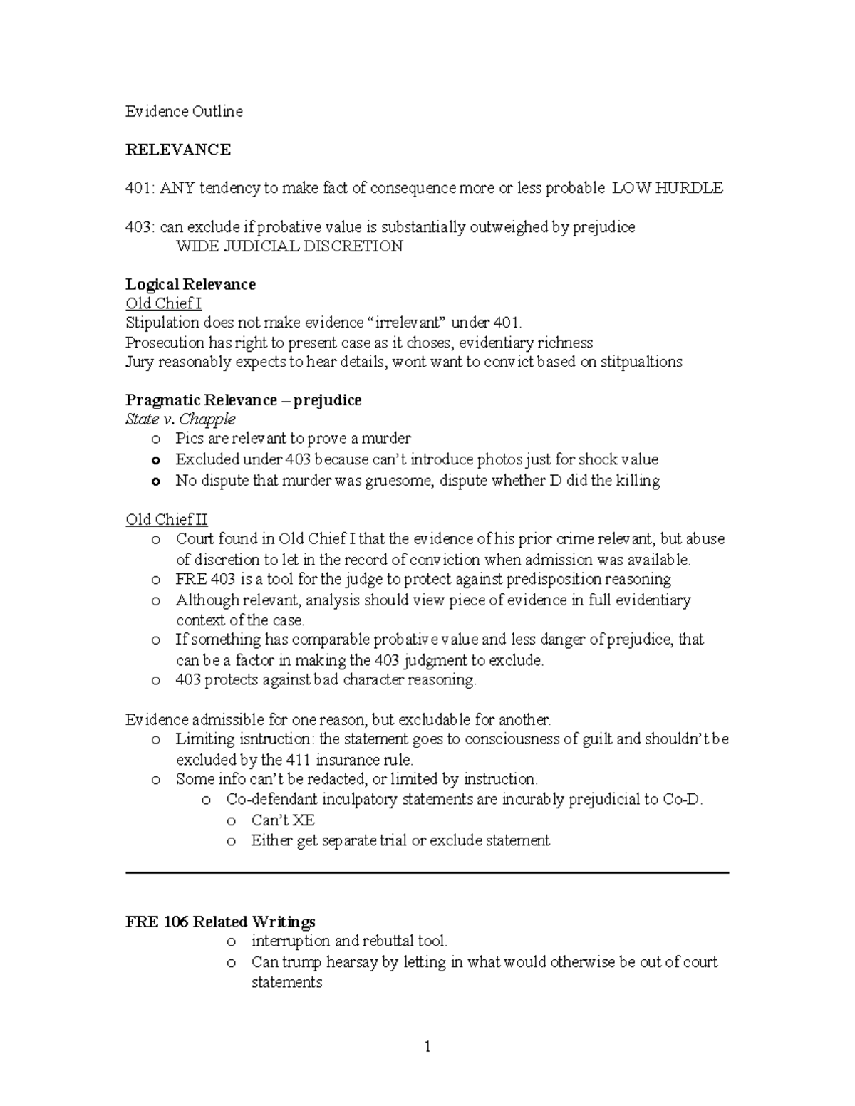 Gillers.Evidence - Great Evidence Outline. - Evidence Outline RELEVANCE ...