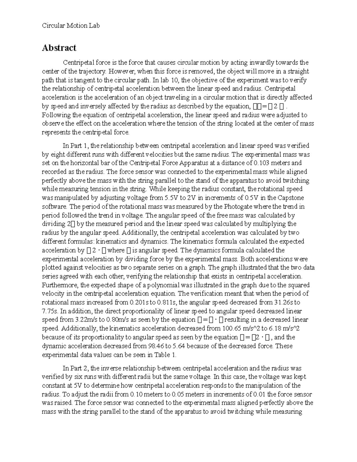 Phys #2 - Circular Motion Lab - Abstract Centripetal force is the force that causes circular ...