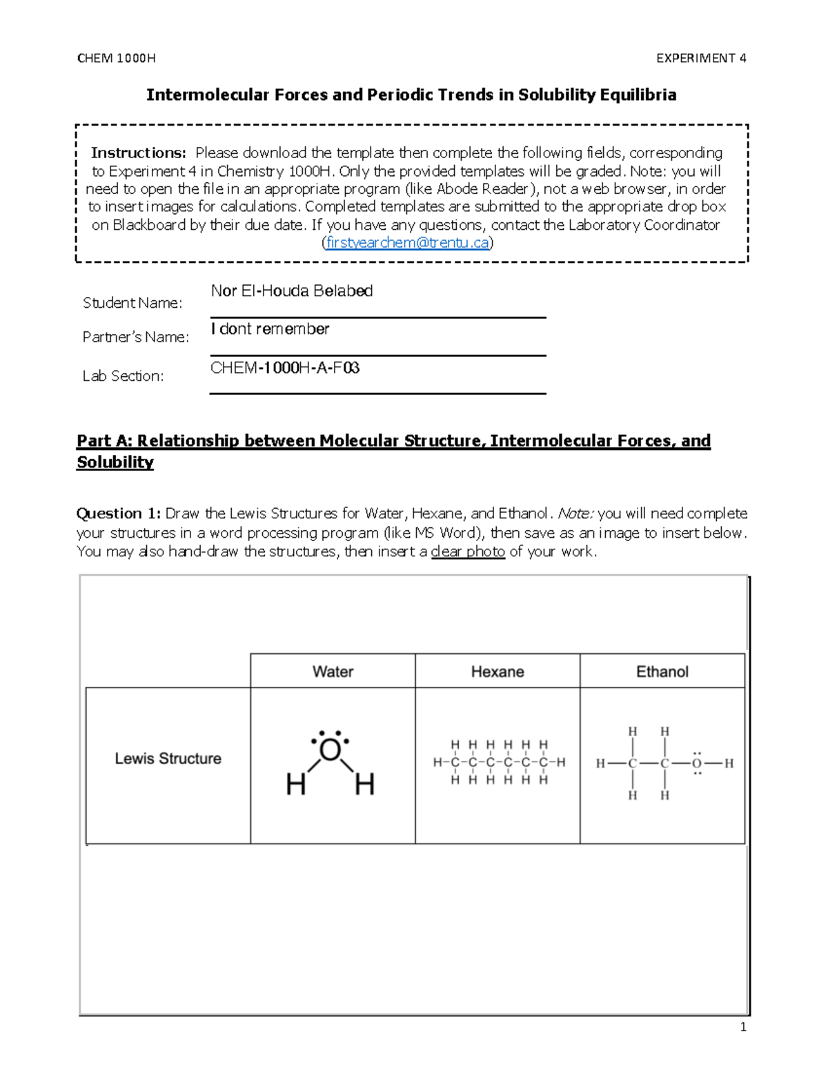 CHEM 1000 Experiment 4 Template - Intermolecular Forces and Periodic ...