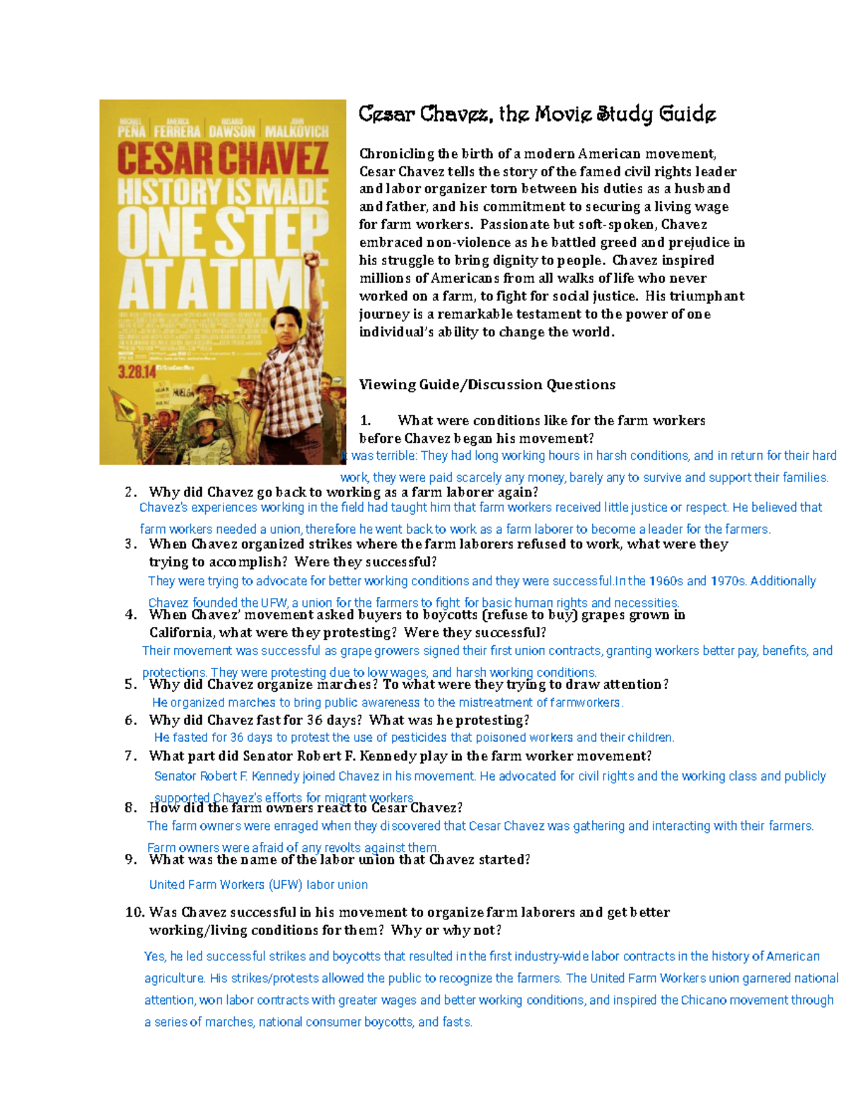 Cesar Chavez study guide movie - Cesar Chavez, the Movie Study Guide ...