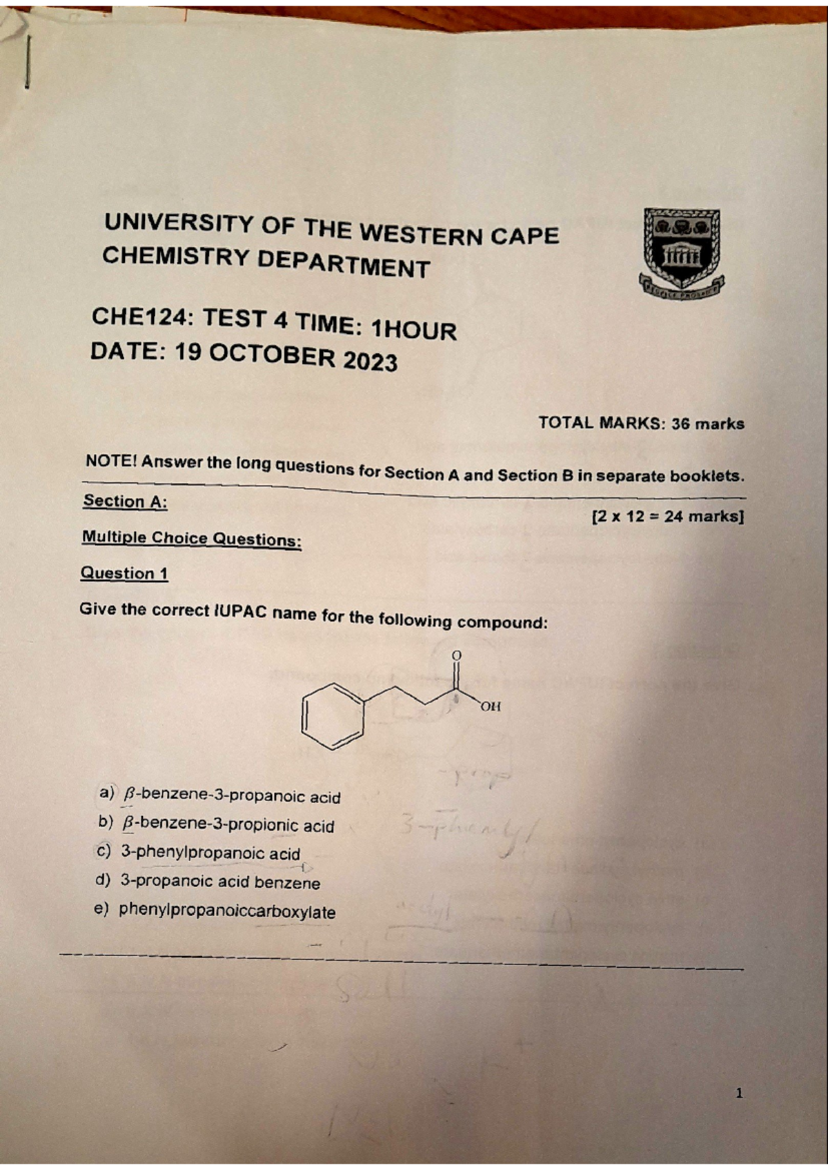 CHE 124 TEST 4 2023 - Last semester test - UNIVERSITY OF THE WESTERN ...