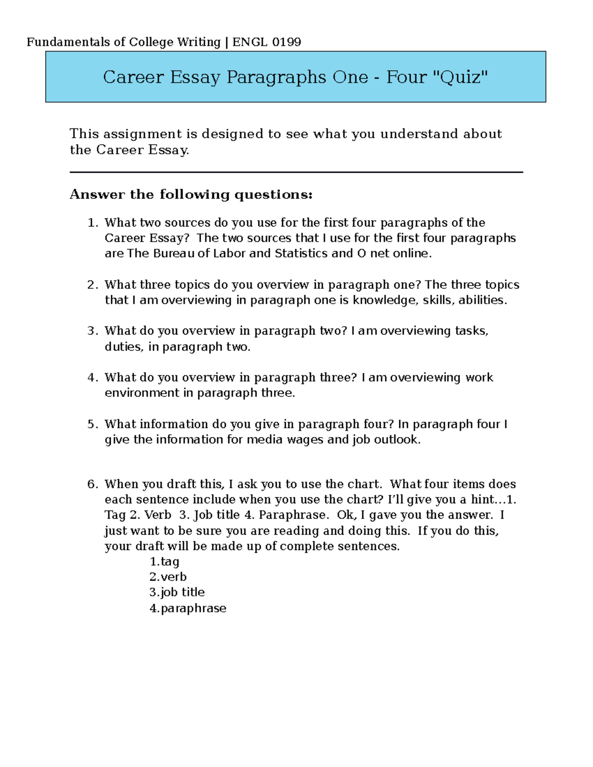 Fundamentals of College Writing Career Essay Paragraphs One - Four(2 ...
