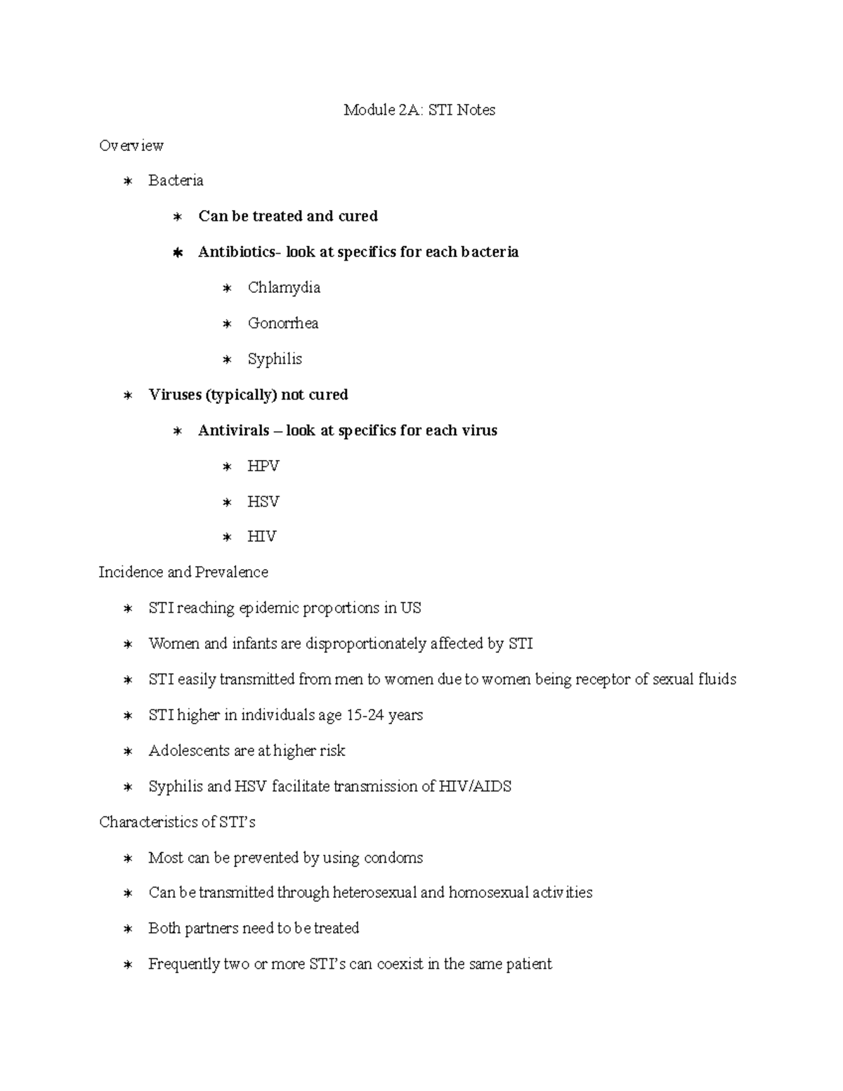 STI notes - Summary on STIs. - Module 2A: STI Notes Overview Bacteria ...