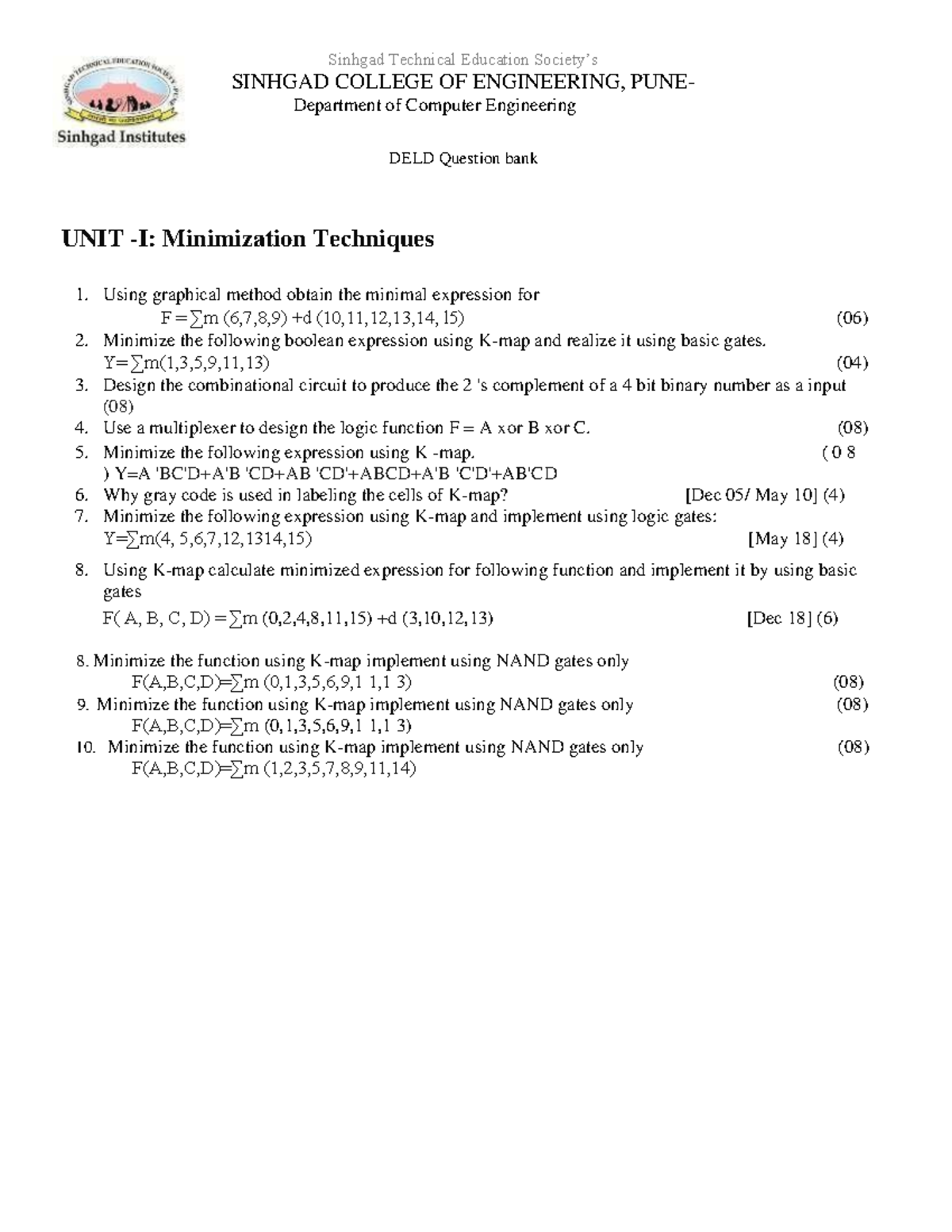 DELD Qs BAnk - study hard - SINHGAD COLLEGE OF ENGINEERING, PUNE- Department of Computer ...