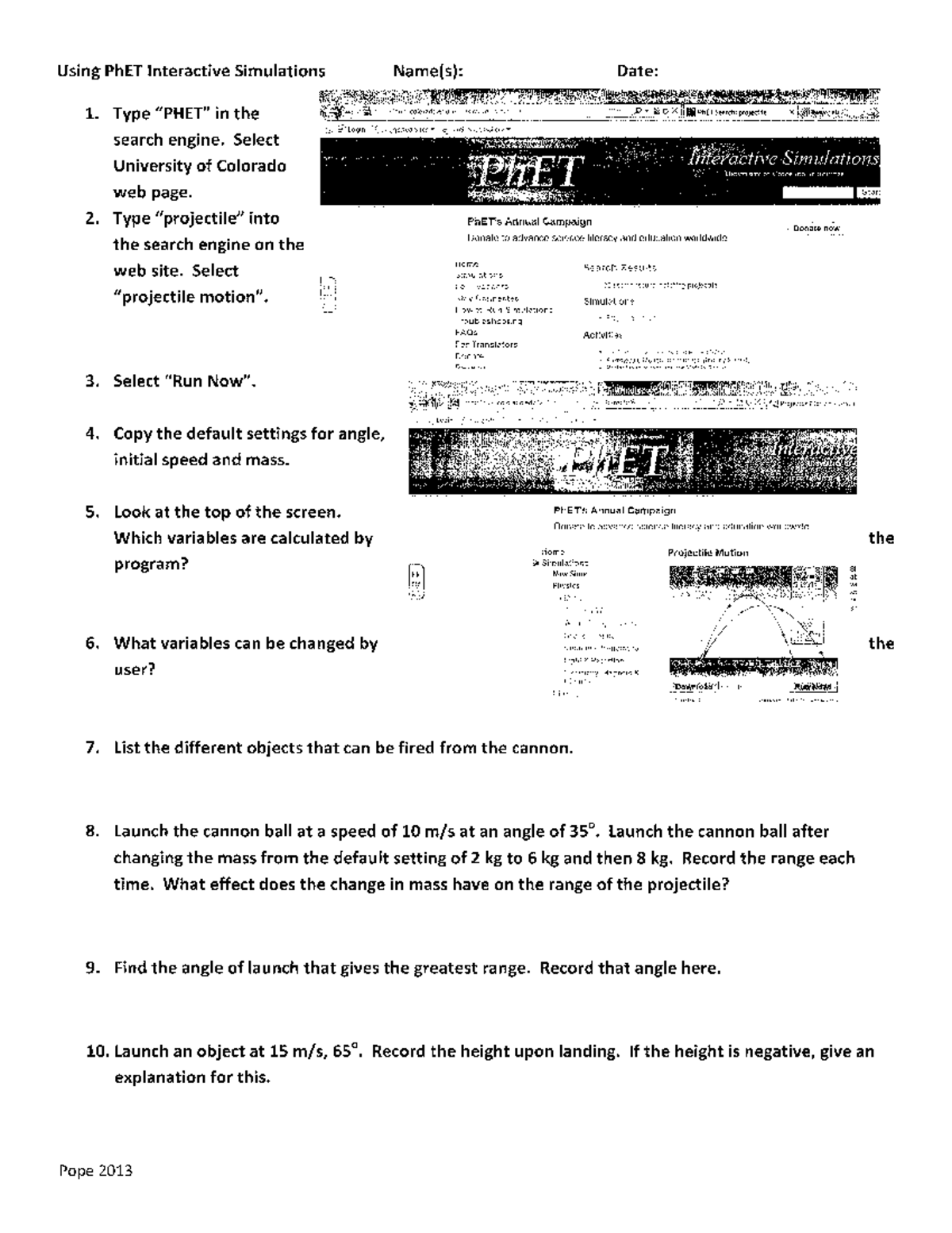 Projectile 1 Phet - Homework Worksheet - PHYS 2240 - Studocu