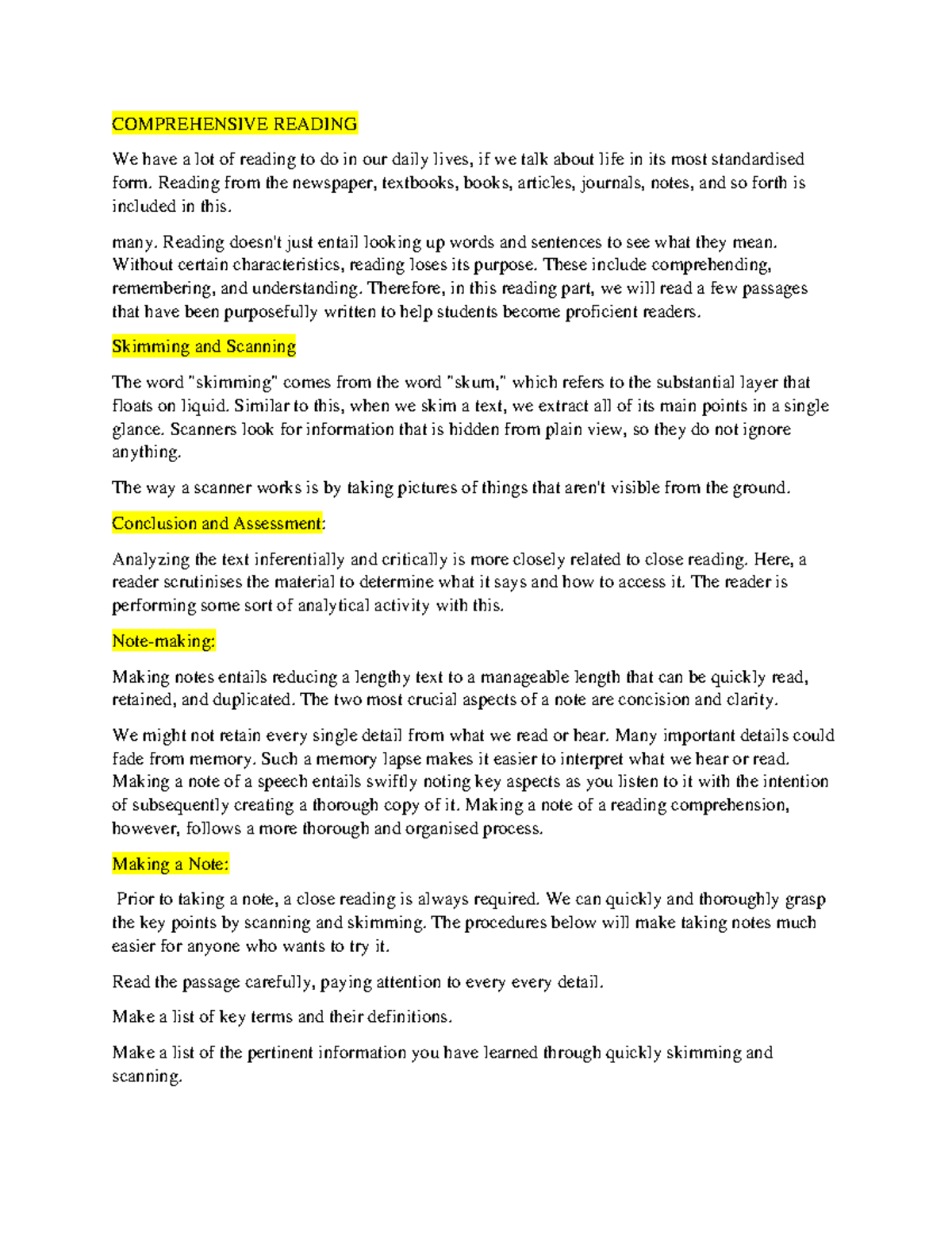 Comprehensive reading - COMPREHENSIVE READING We have a lot of reading ...