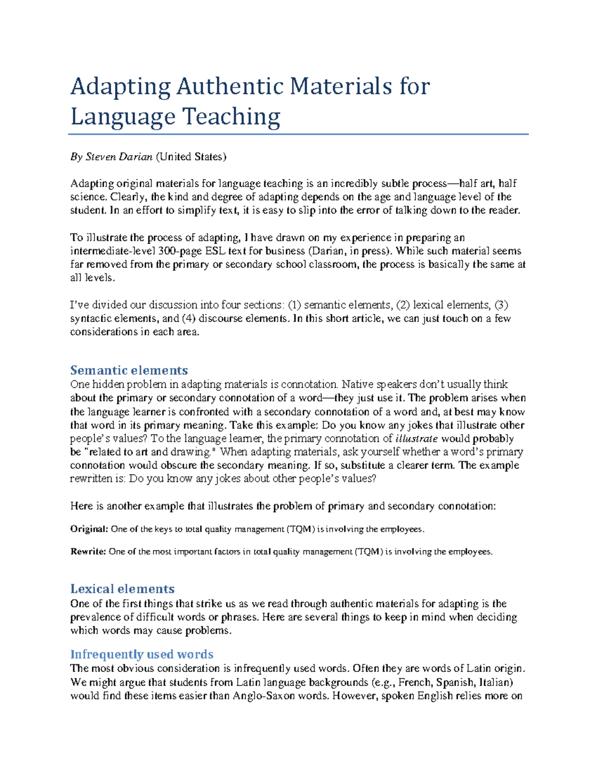 Adapting Authentic Materials - Clearly, the kind and degree of adapting ...