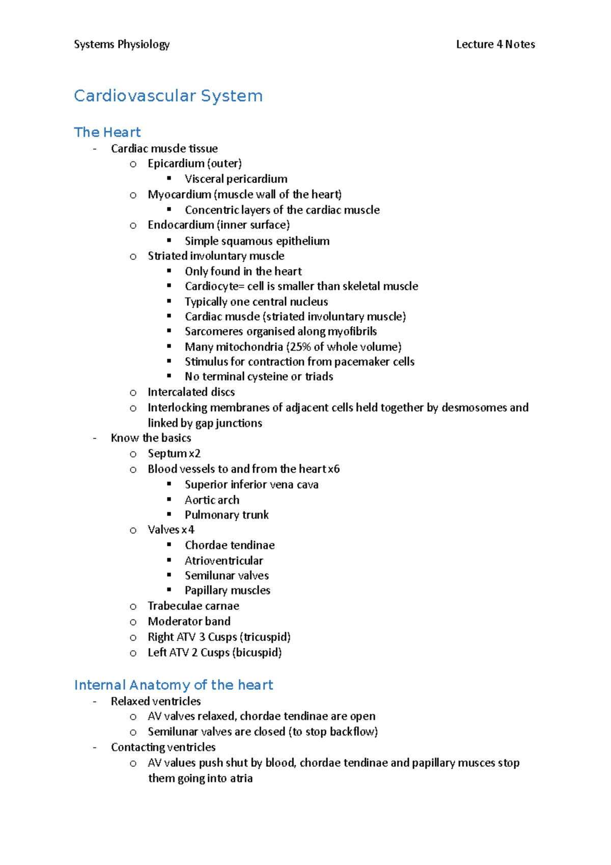 Week 4 Cardiovascular System - Cardiovascular System The Heart Cardiac ...