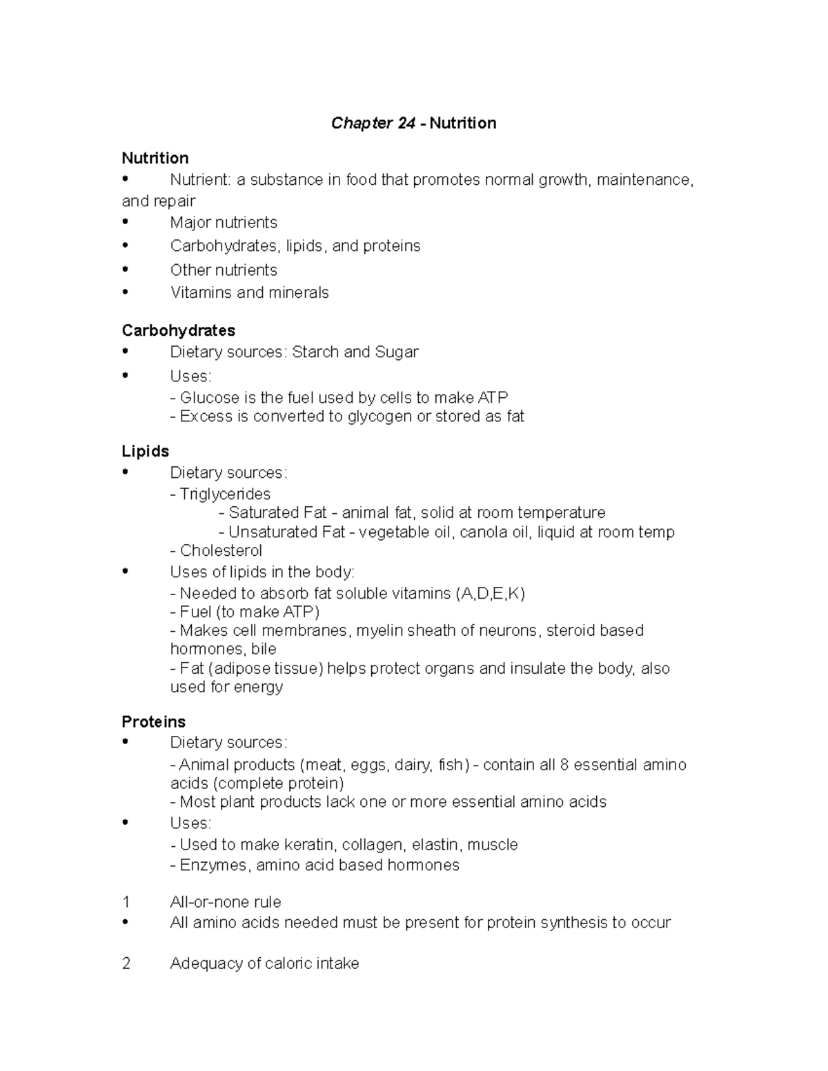 6, Nutrition Notes - Chapter 24 - Nutrition Nutrition • Nutrient: a ...