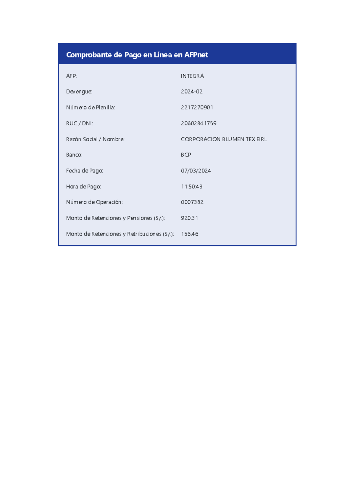 1203903 Pago AFP Integra 02-2024 - arte y cultura - Comprobante de Pago ...